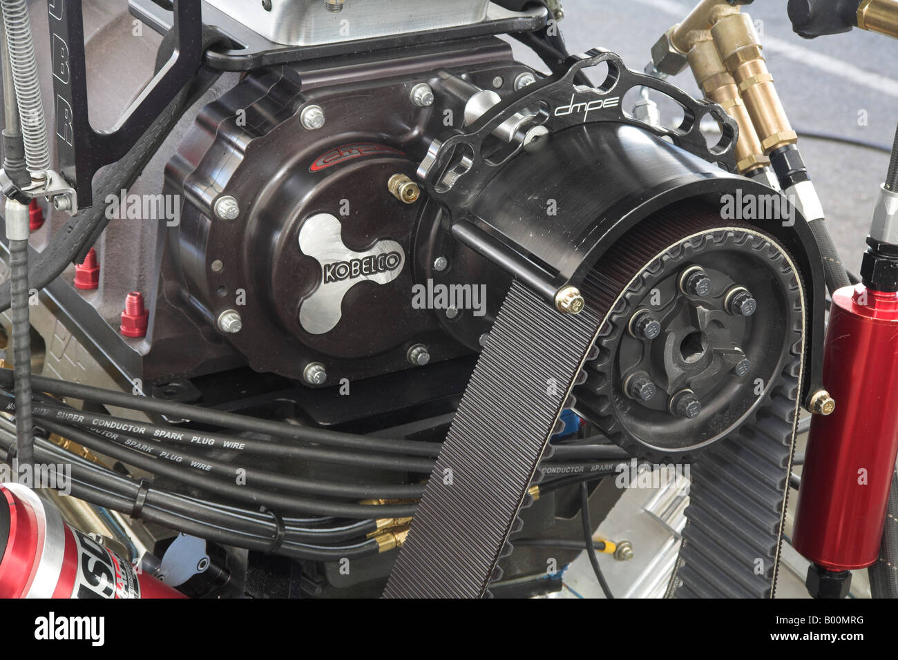 front end of a belt driven supercharger on a dedicated V8 drag racing ...