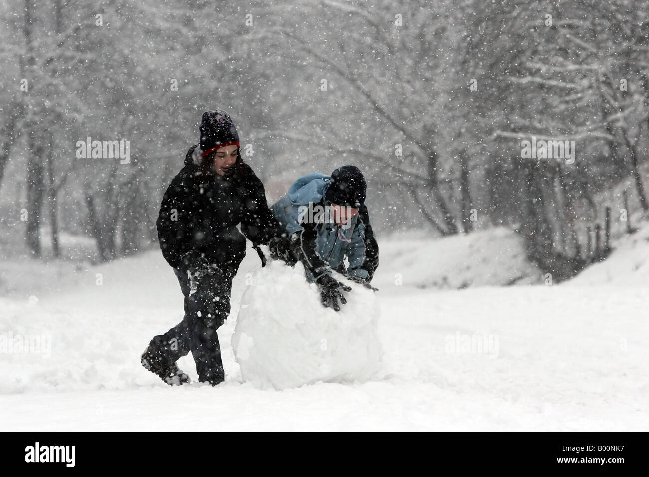 Children rolling snowball snowman hi-res stock photography and images ...