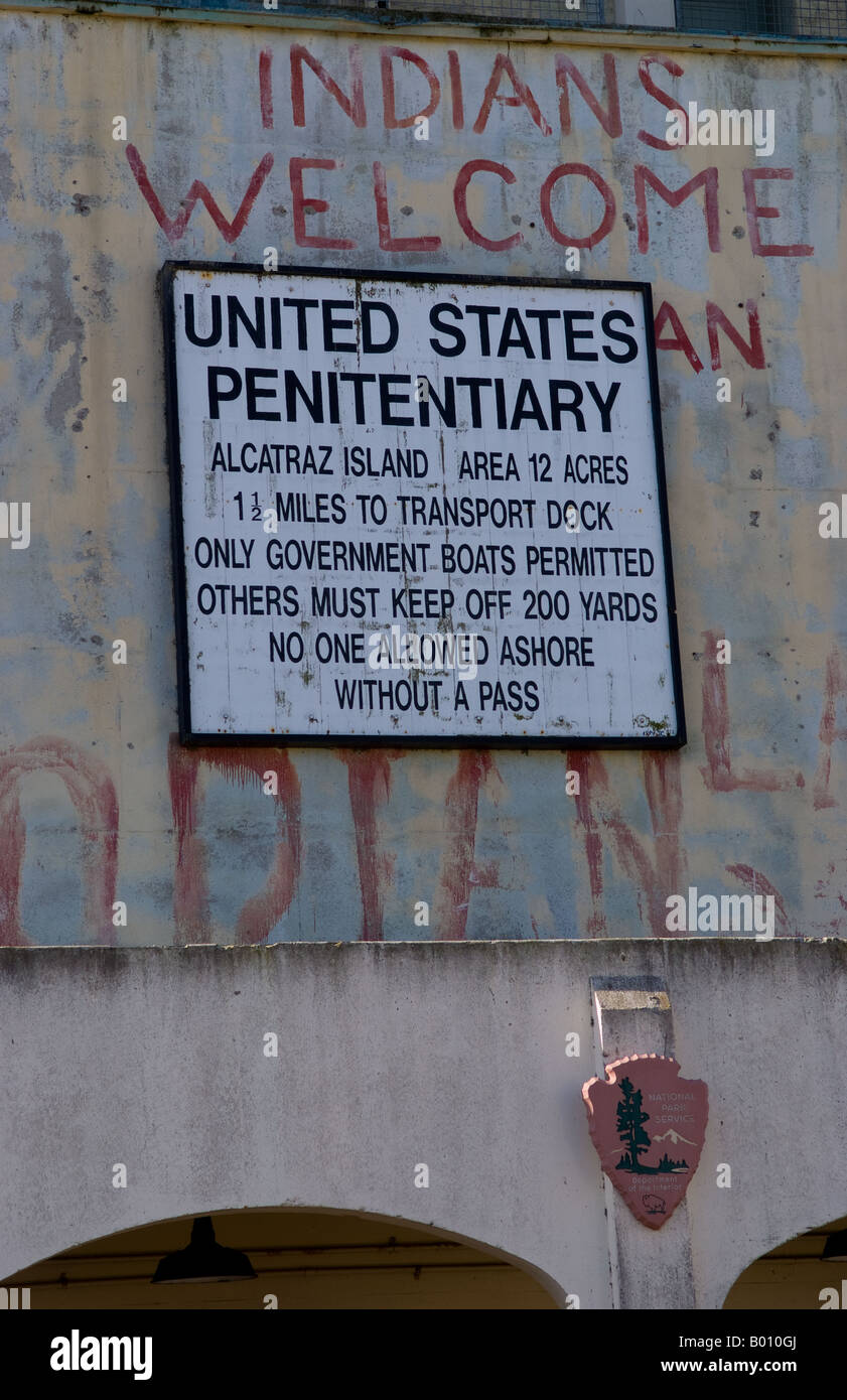 Sign at entrance to famous landmark Alcatraz Prison on bay island in ...