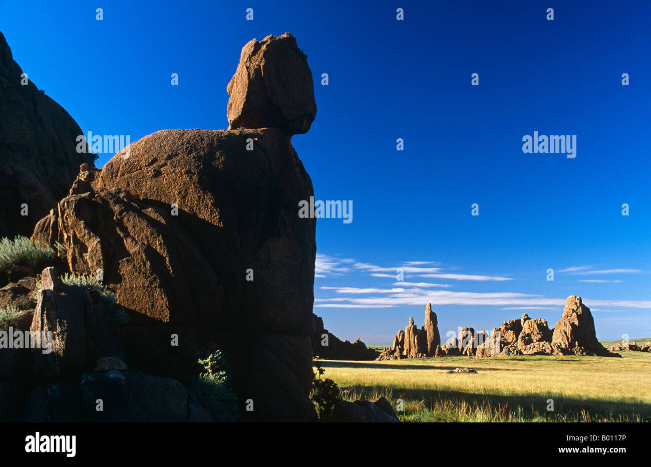 Mongolia, Dundgobi. Rock towers rise out of the Steppe in the Gobi ...