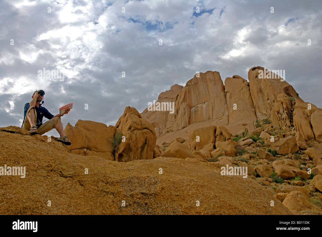 Namibia, Namib Desert, Spitzkoppe Mountain. An adventure race marshall ...