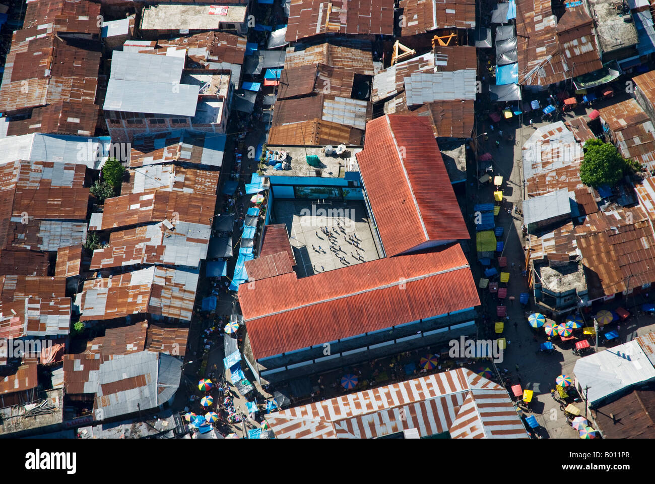 Peru, Amazon, Amazon River, Iquitos. Aerial view of the central market ...