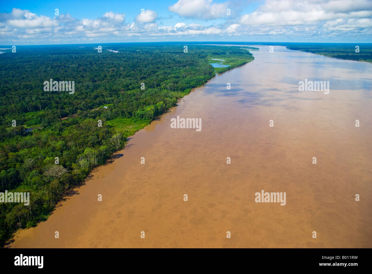 Peru, Amazon, Amazon River. Aerial view of the Amazon River near ...