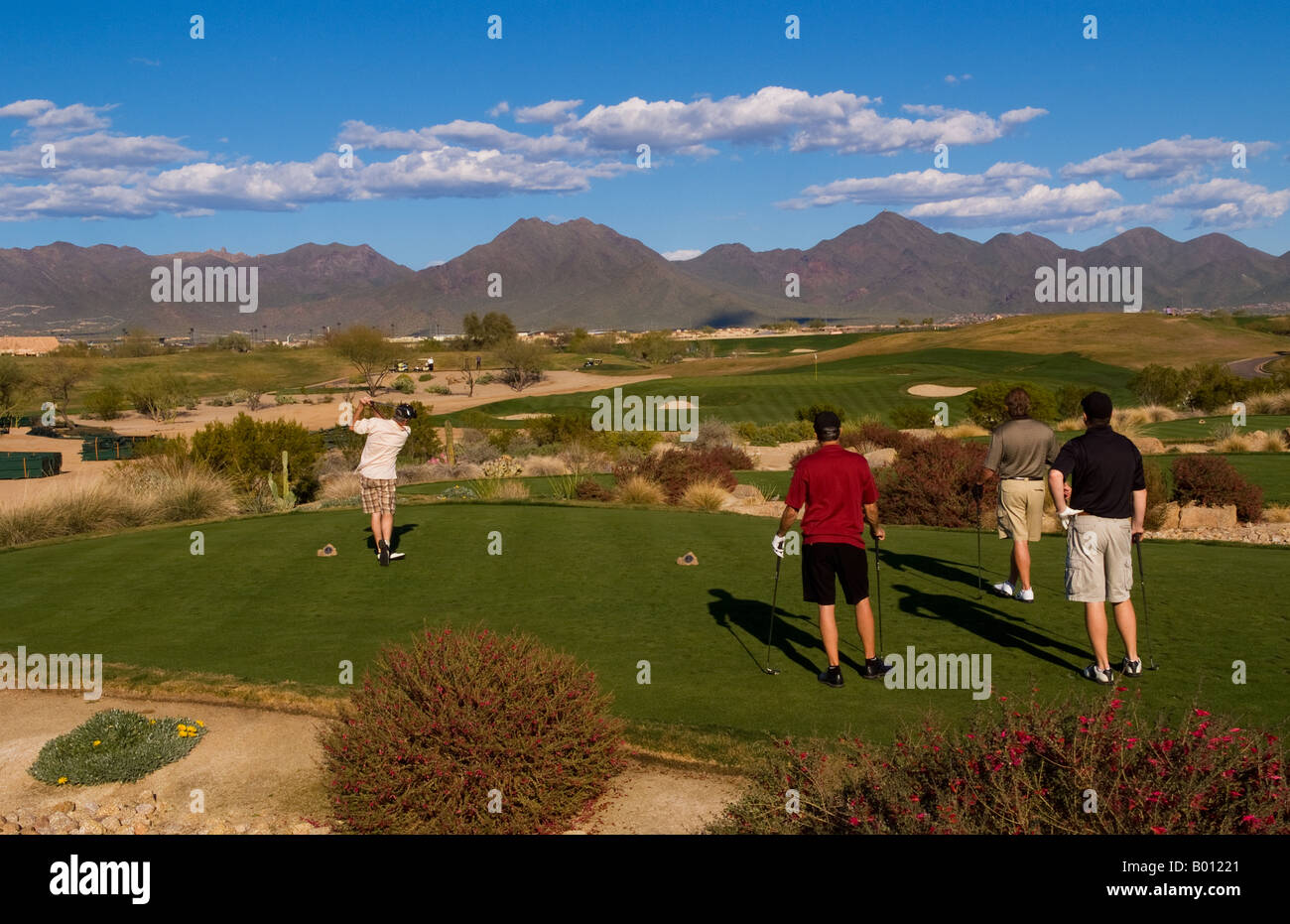 Golfers playing the 16th hole on the Tournament Players Club golf ...