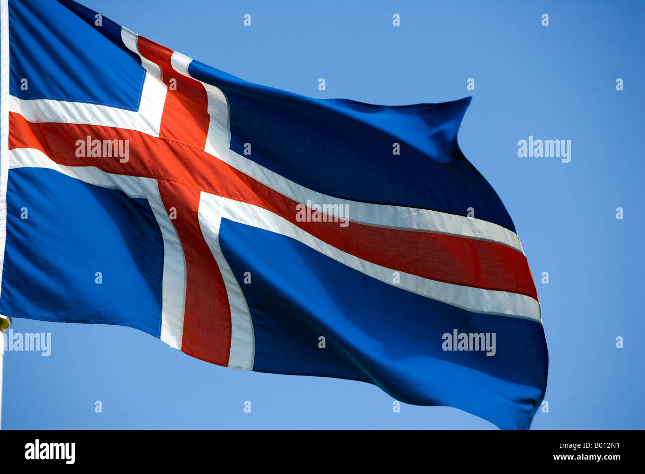 Iceland, the countries distinctive flag show its colours in a stiff ...