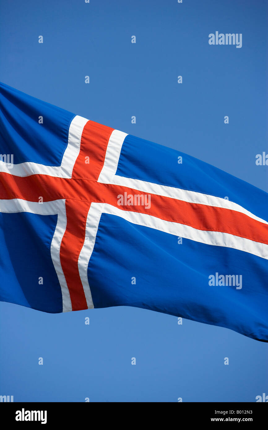 Iceland, the countries distinctive flag show its colours in a stiff ...