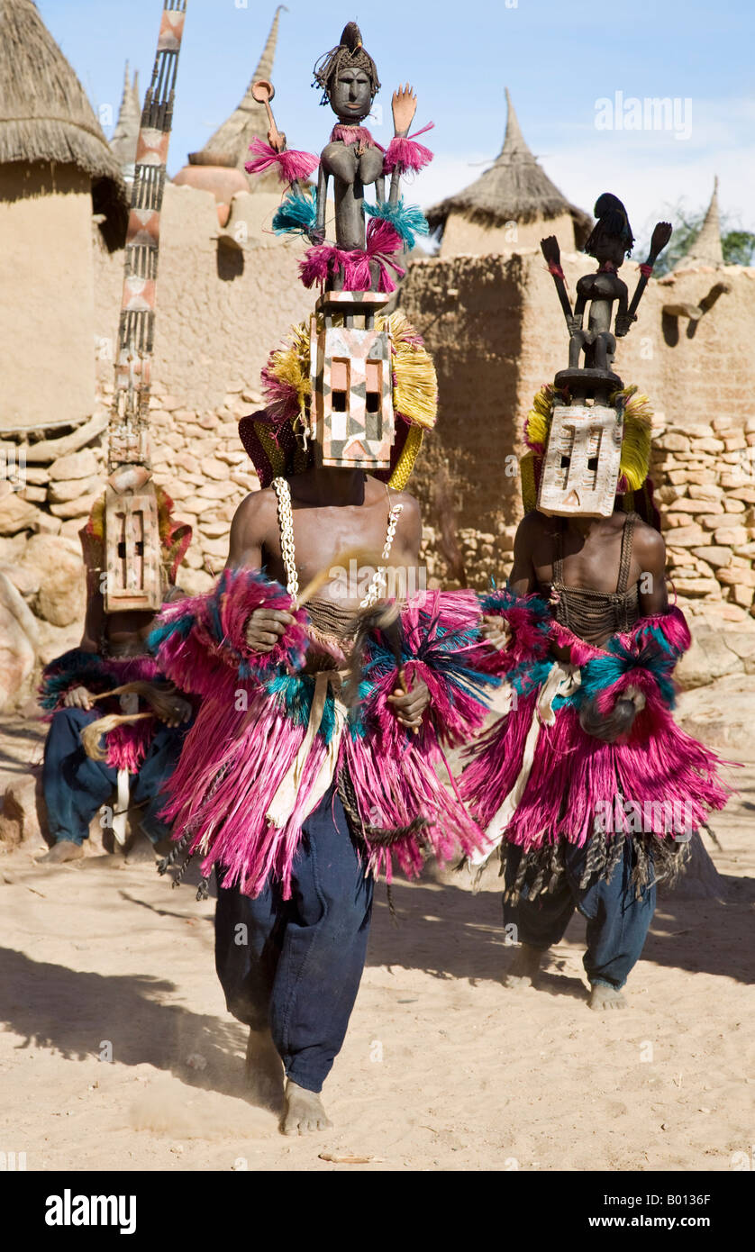 Mali, Dogon Country, Tereli. Masked dancers wearing the satimbe mask ...