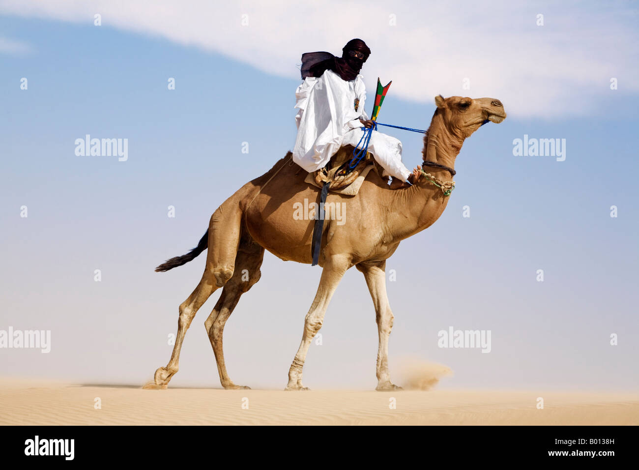 Mali, Timbuktu. In the desert north of Timbuktu, a Tuareg man rides his ...