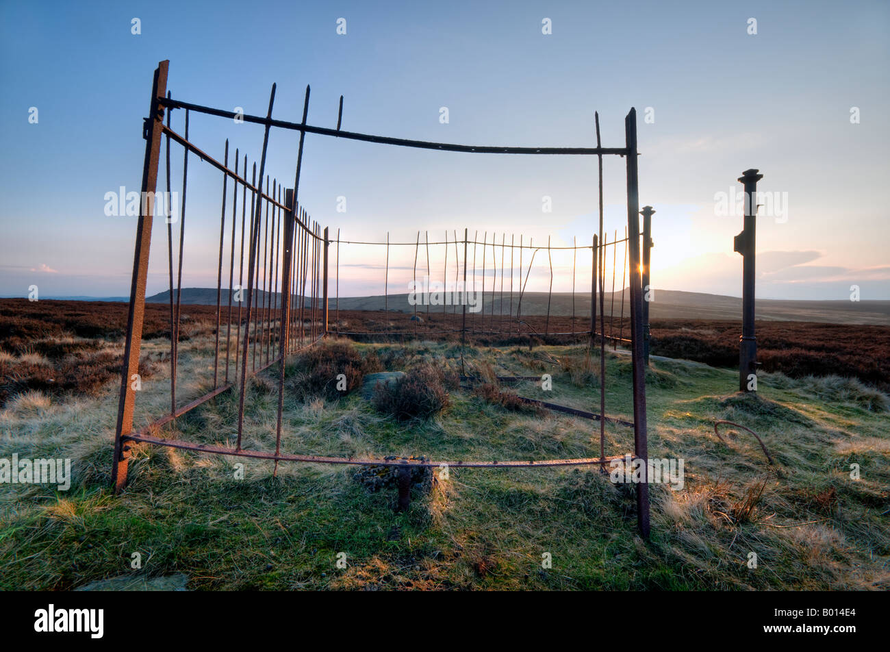 Old ruined "wrought iron"" sheep pen" on high moorland in Derbyshire ...