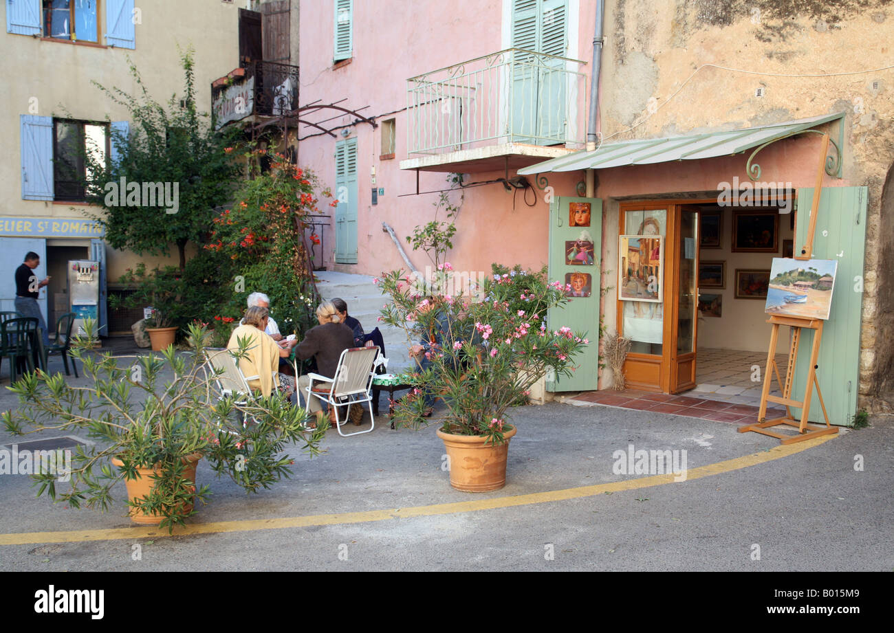 Street scene and cafe cafe in the village of Tourtour, Provence, France ...