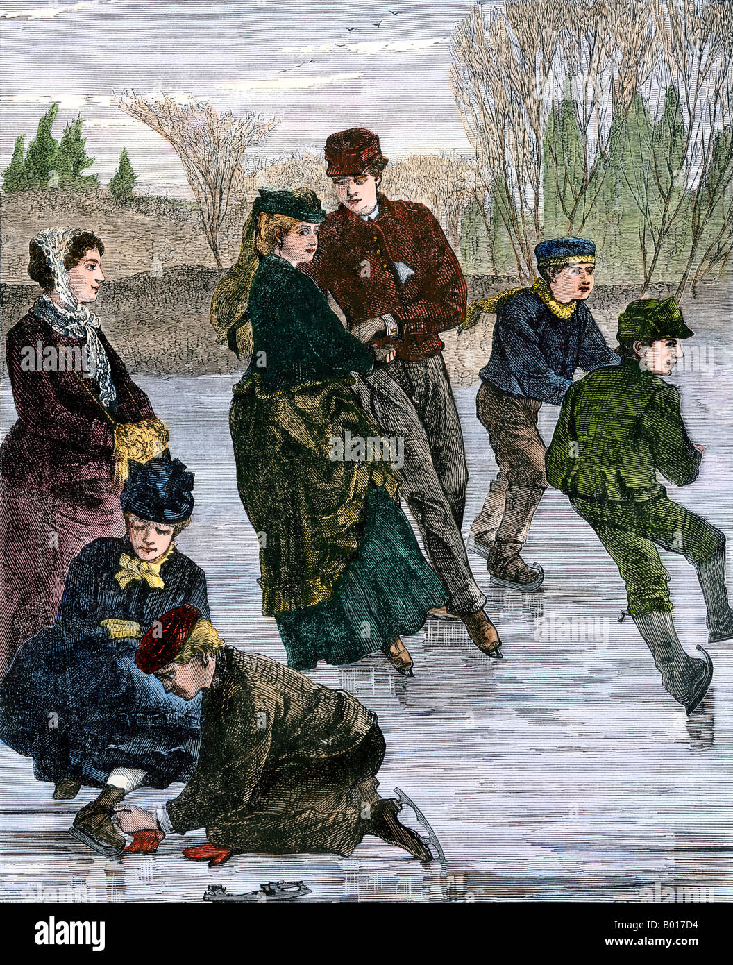 Skating on a pond in winter 1800s. Hand-colored woodcut Stock Photo - Alamy