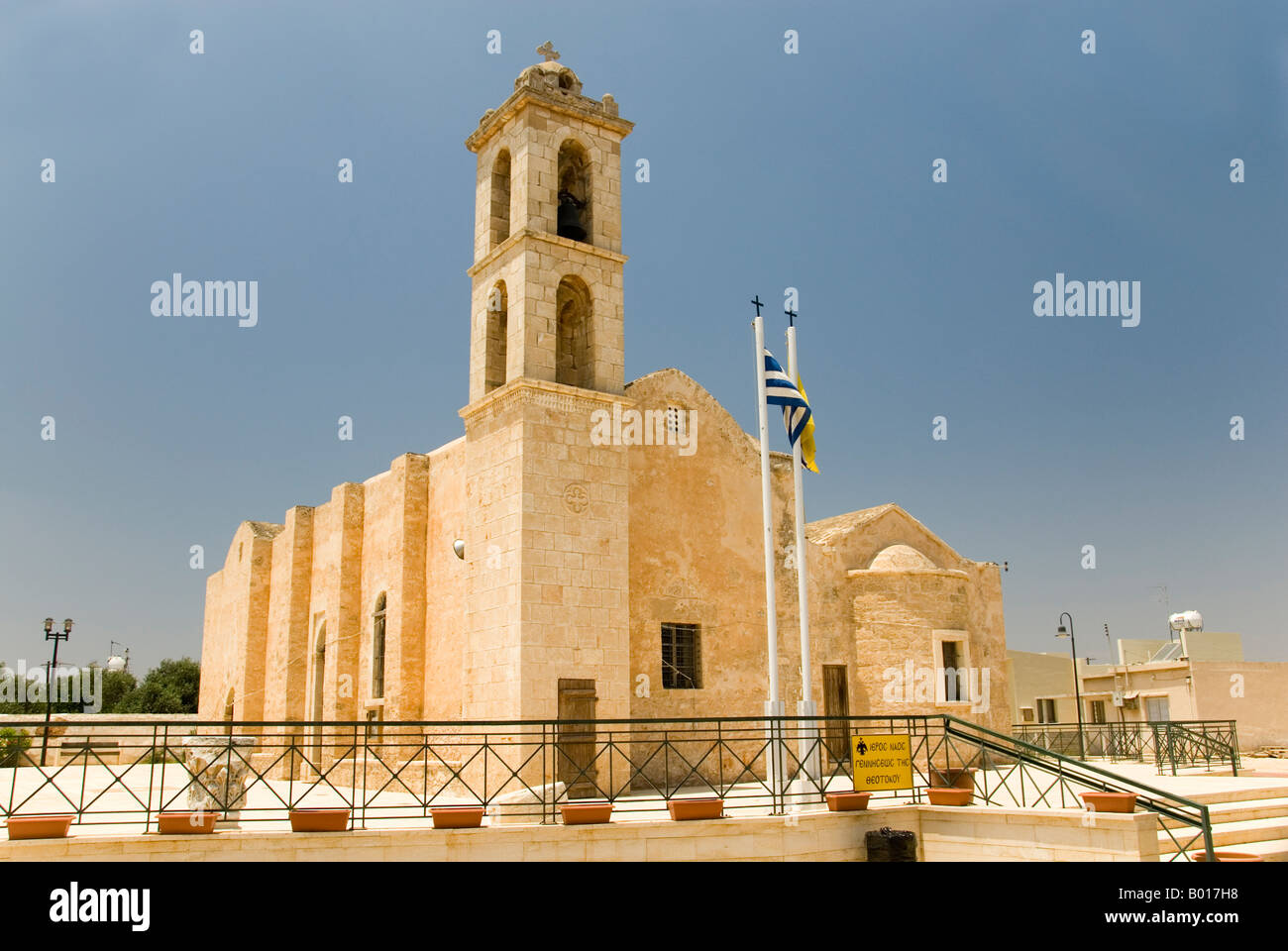 Corner View of White Brick Church and Tower Spire Cyprus Stock Photo ...