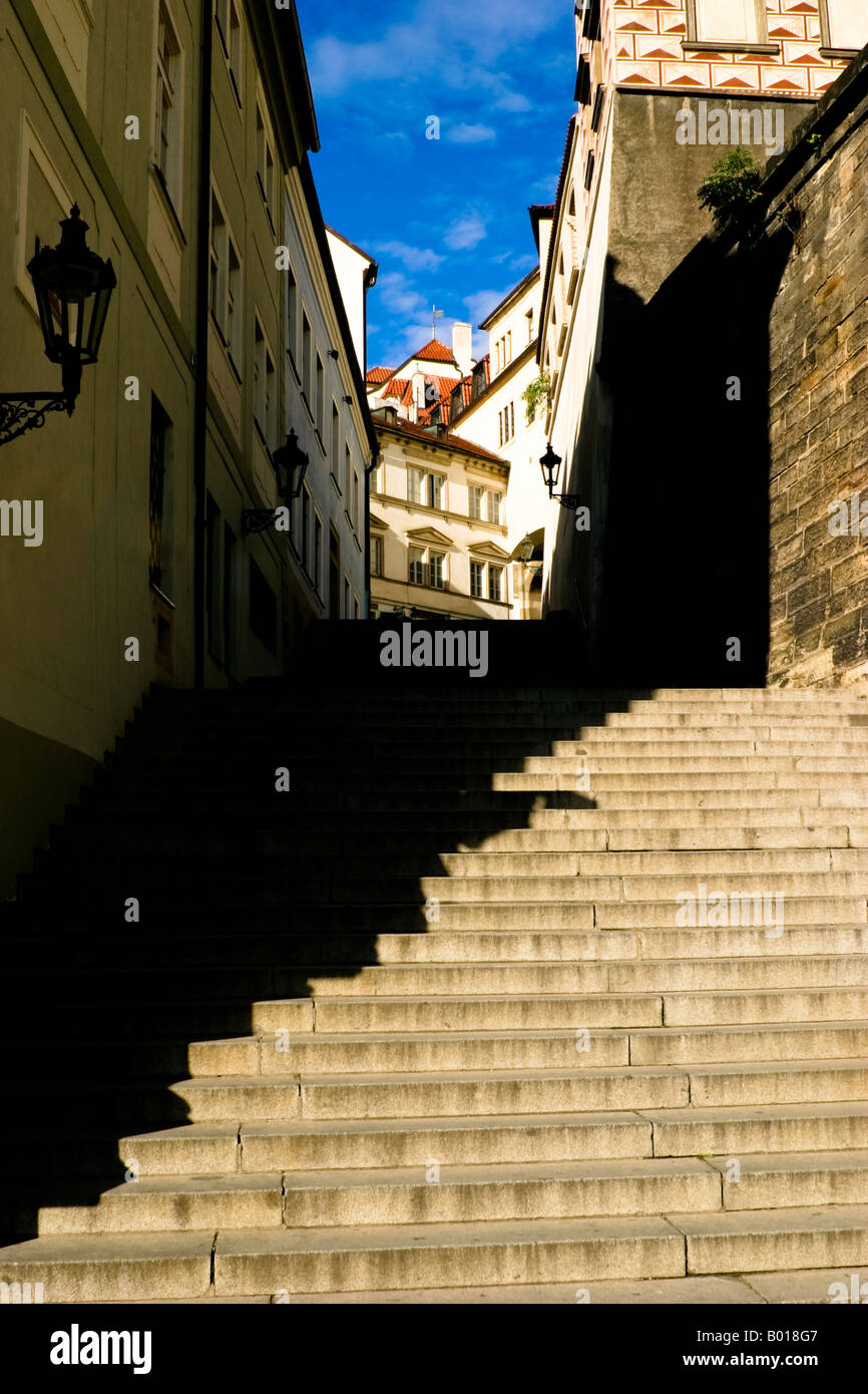 Steps leading to Prazsky hrad (Prague Castle) with a strong shadow ...