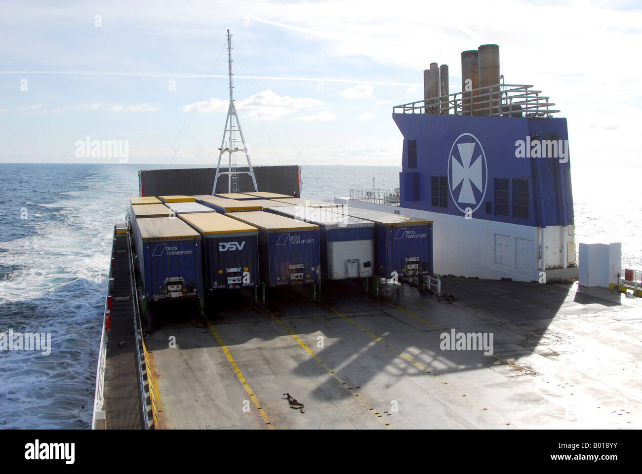 Stern of a DFDS ferry carrying lorry trailers from the UK to Denmark ...