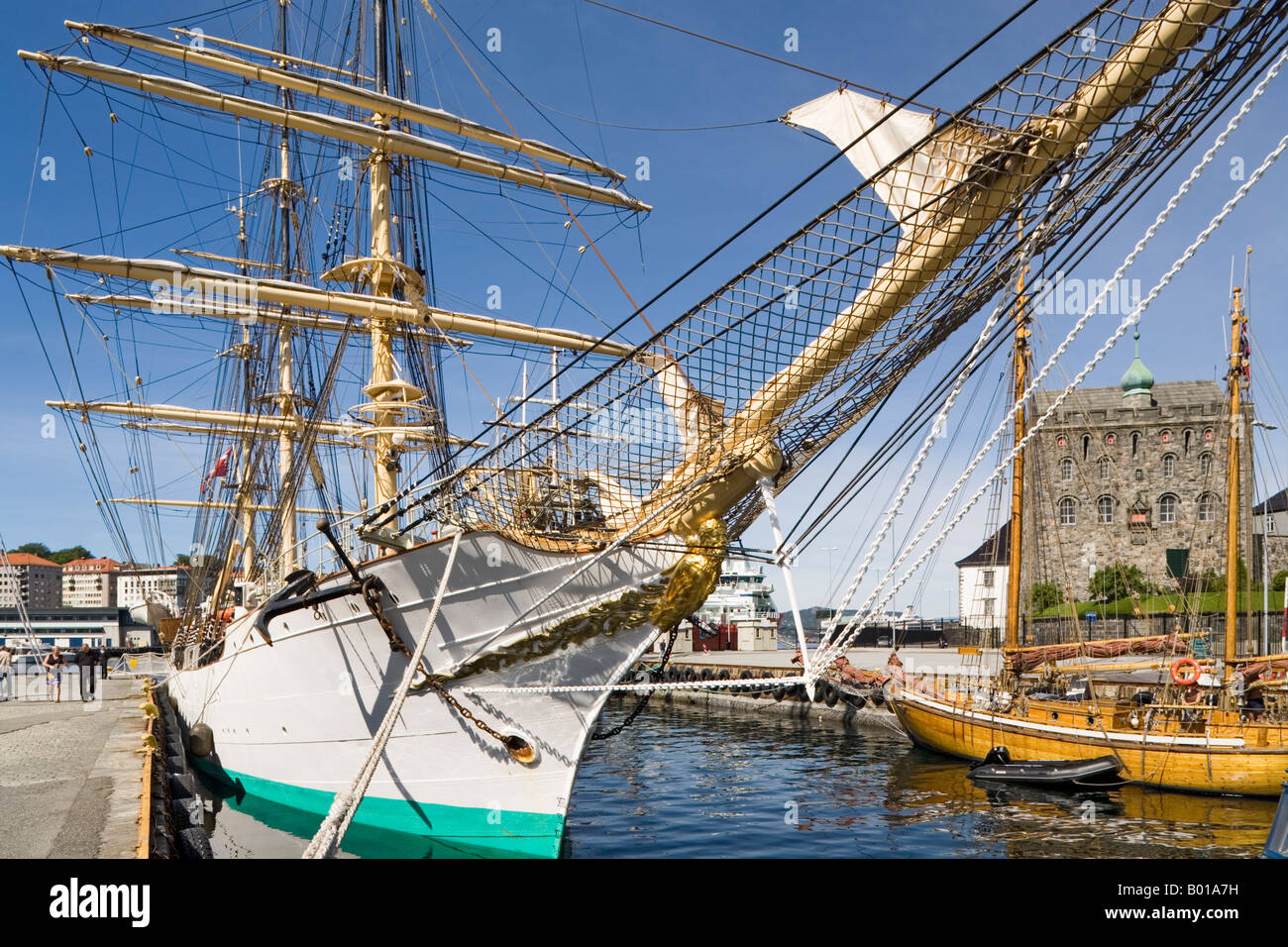 The tall ship Danmark in the harbour at Bergen, Norway with the ...
