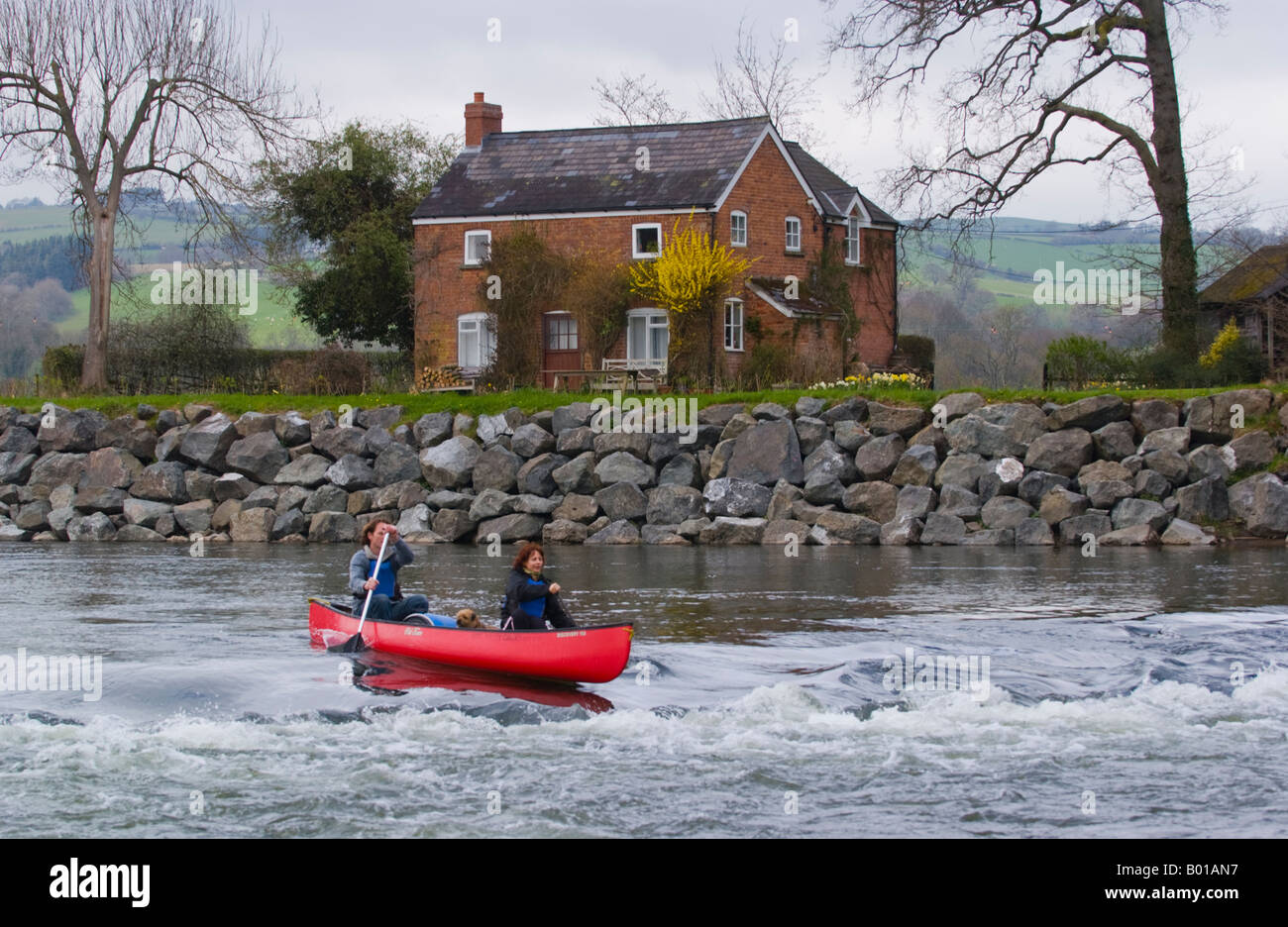 River Wye at The Warren in Hay on Wye Powys Wales UK EU with canoeist ...