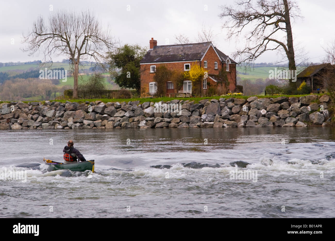 River Wye at The Warren in Hay on Wye Powys Wales UK EU with canoeist ...
