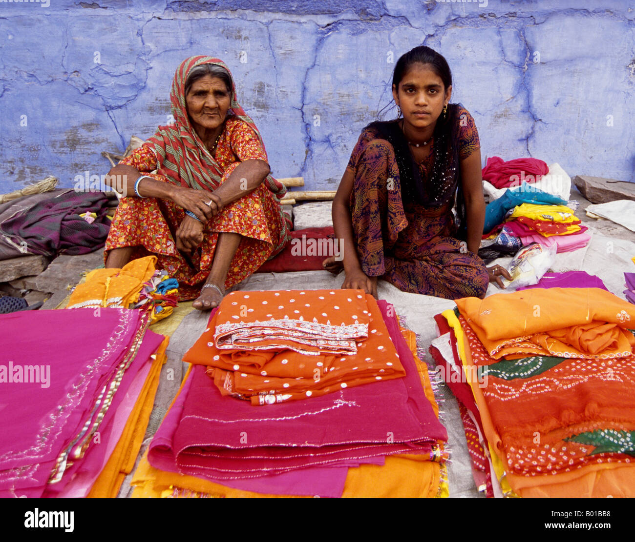 Two Indian women selling cloth material in market of Jodhpur, Rajasthan ...