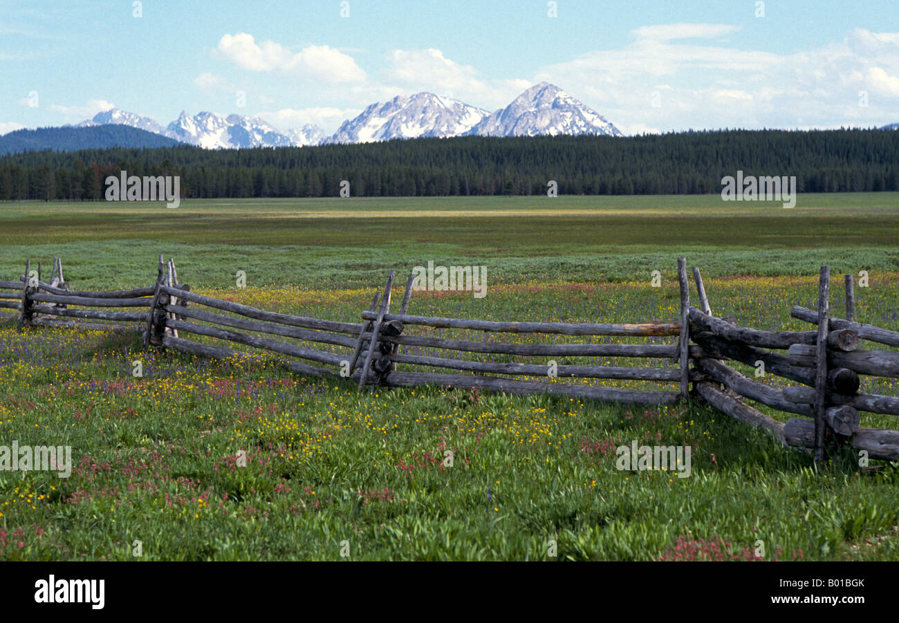 An old rail wooden fence in a meadow near the Sawtooth Mountains in the ...
