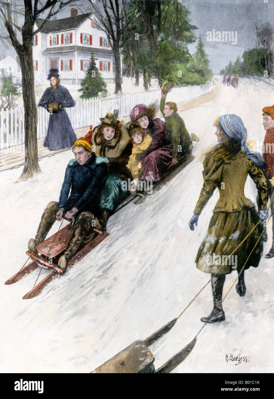 Coasting on double runner sleds in New England 1800s. Hand-colored ...