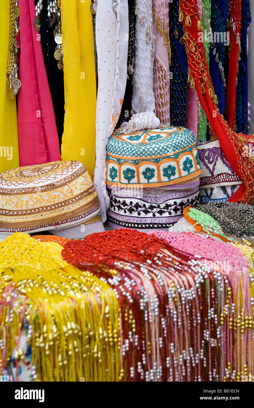 Selection of colourful hats and scarfs for sale at the Old Market Sharm ...