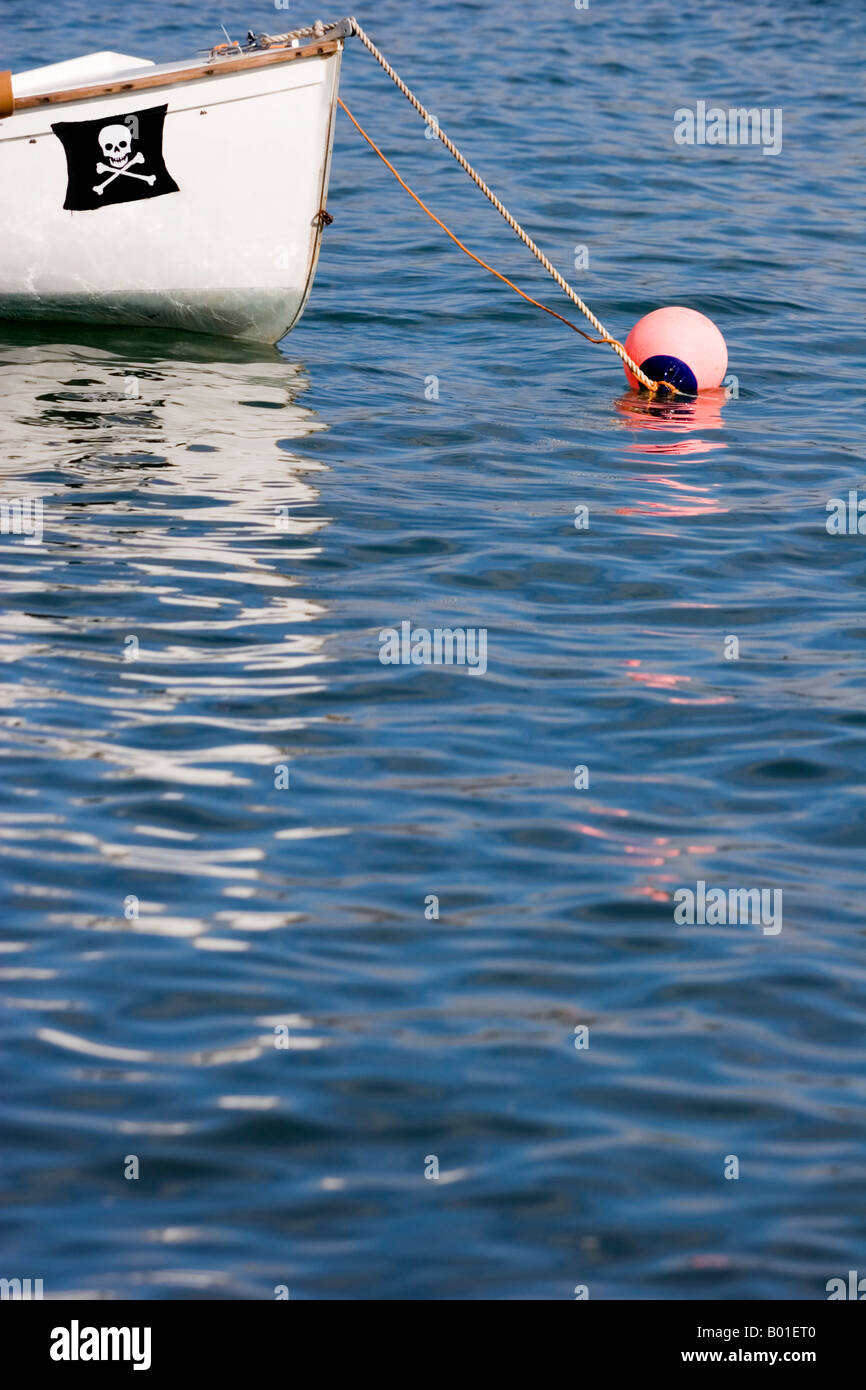Skull and cross bones on small rowing boat with reflection Stock Photo ...