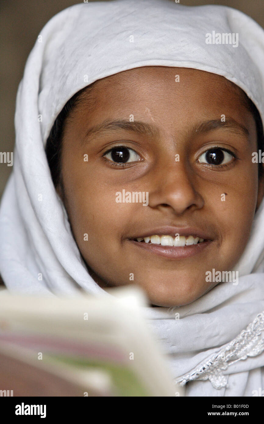 Portrait of a young girl during class in the earthquake area in Neilee ...