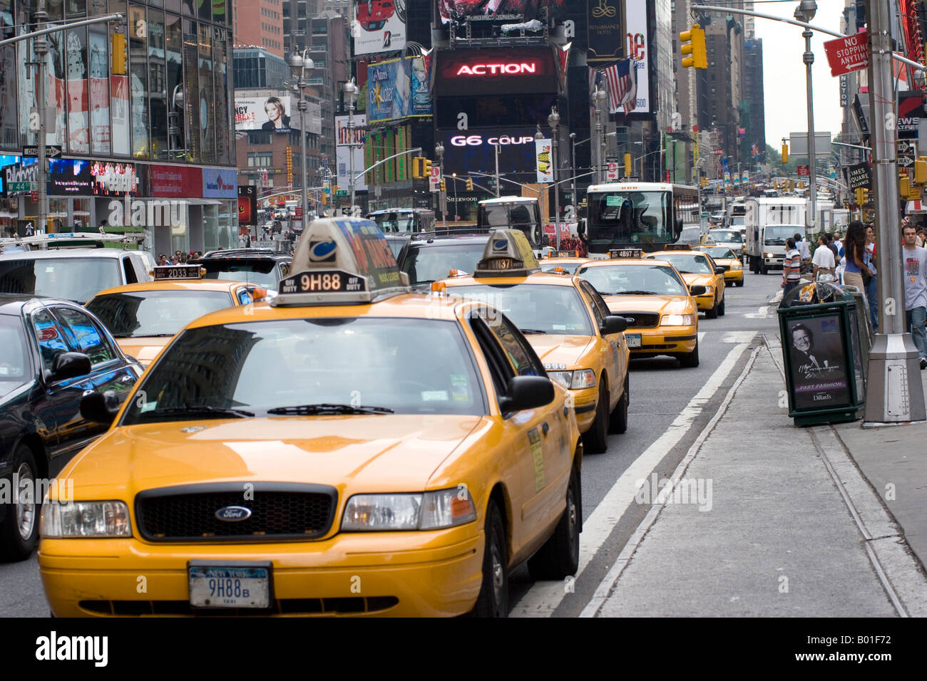 Taxis line up in traffic in Times Square, New York, New York, USA Stock ...