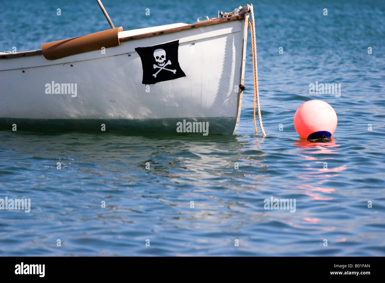 Skull and cross bones on small rowing boat with reflection Stock Photo ...