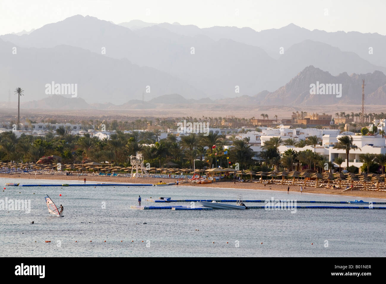 View of Naama Bay Beach in sharm le Sheikh with the mountains in the ...