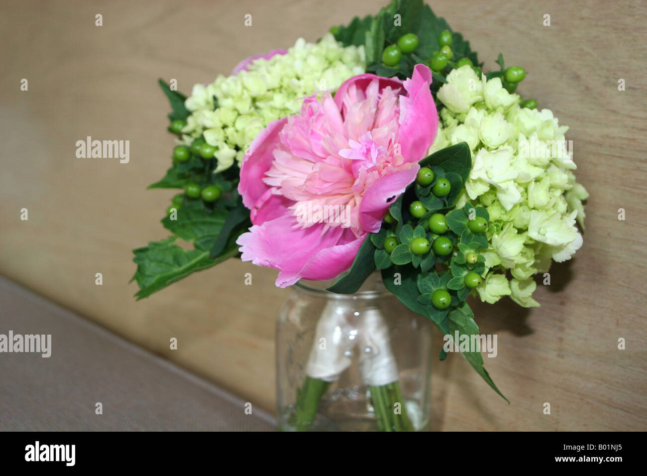 Pink Peony White Hydrangea and Green Hypericum Berry Floral Bouquet ...
