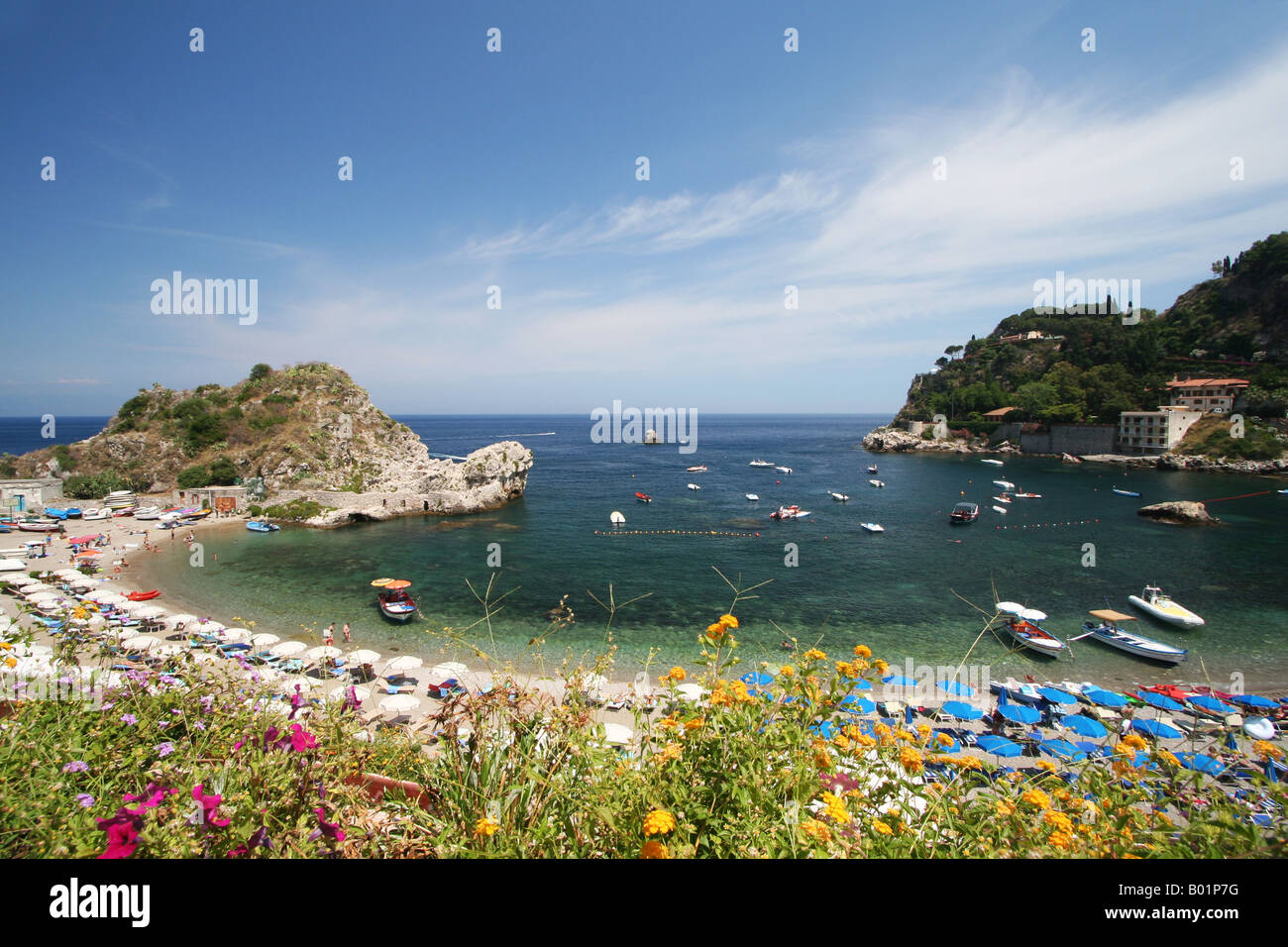 Taormina Mare beach and Mazzaro Bay, Taormina, Sicily Italy Stock Photo ...