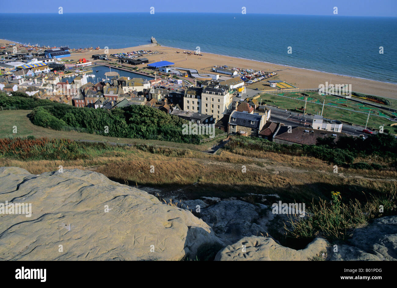 Hastings seafront and harbour viewed from castle, Sussex, England, UK ...