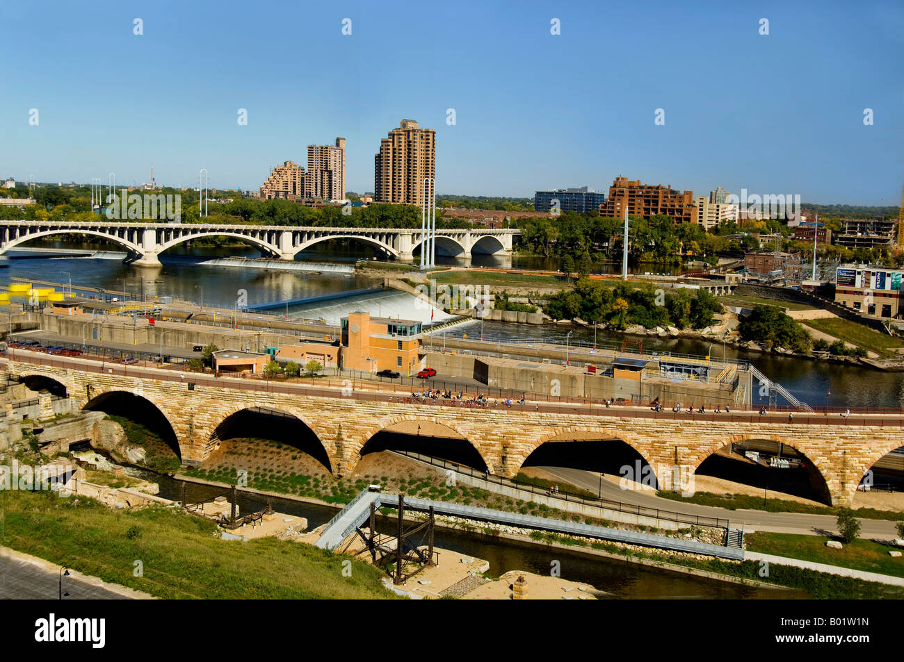 View of the bridges including the Stone Arch Bridge across the ...