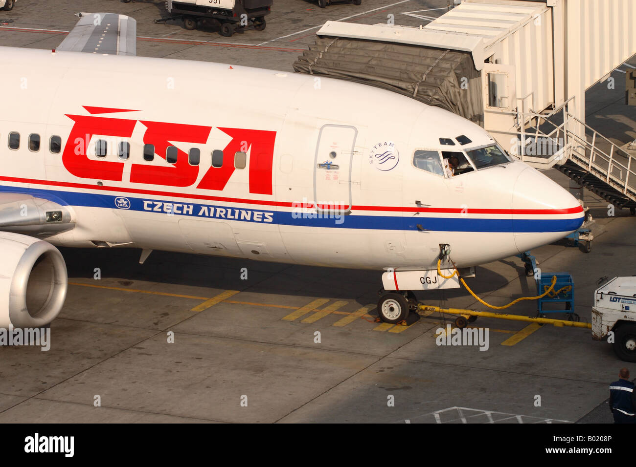 CSA Czech Airlines Boeing 737 at airport terminal with passenger ...