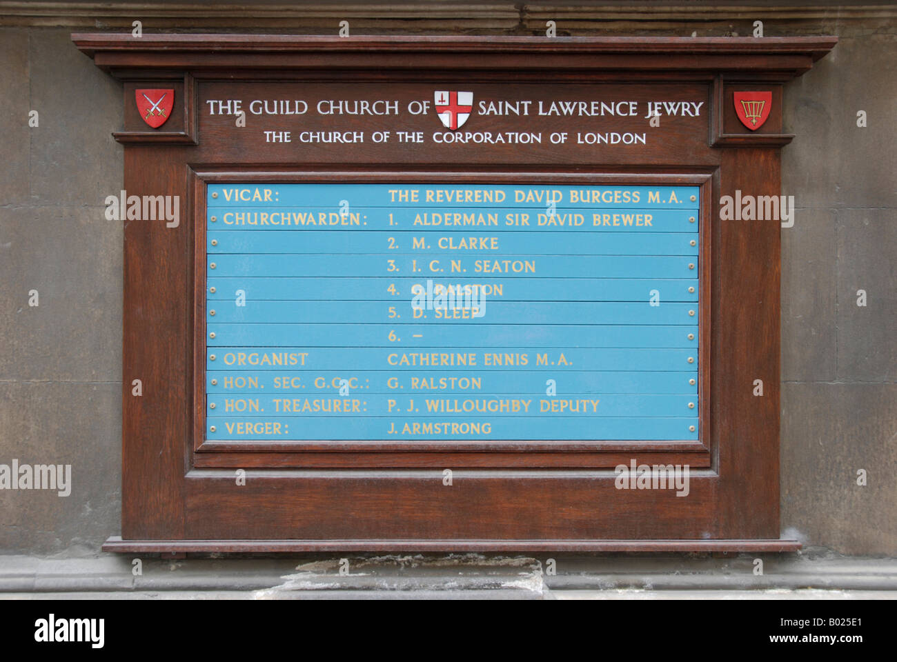 Wooden notice board outside the Guild Church of Saint Lawrence Jewry in ...