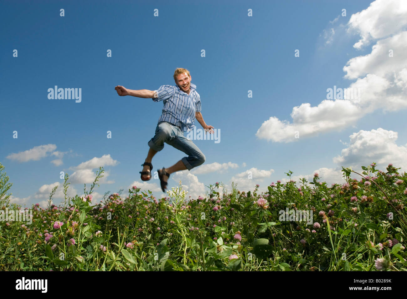 young man jumping in summer meadow Stock Photo - Alamy