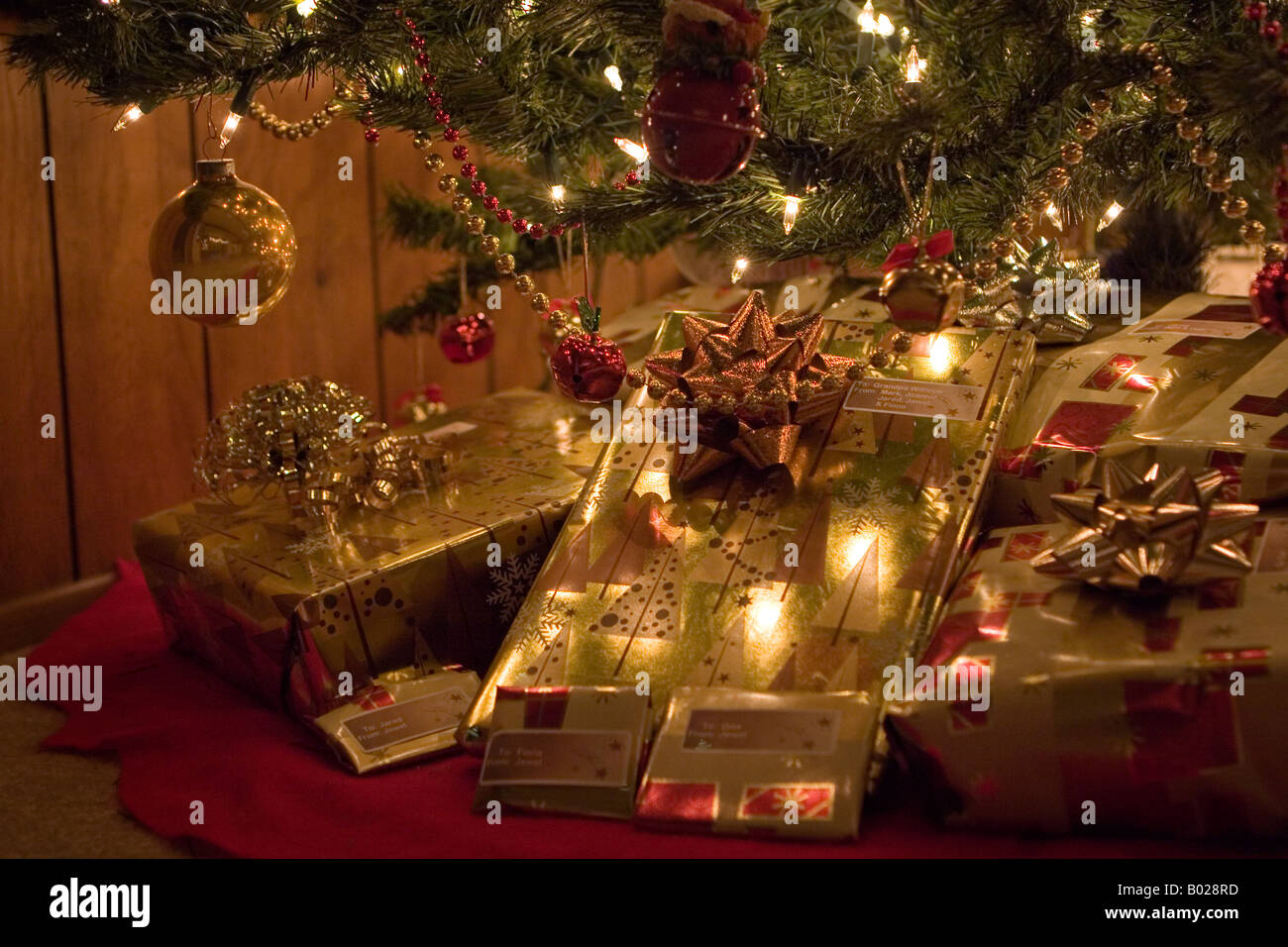 Wrapped Christmas presents under Christmas tree. Christmas lights ...