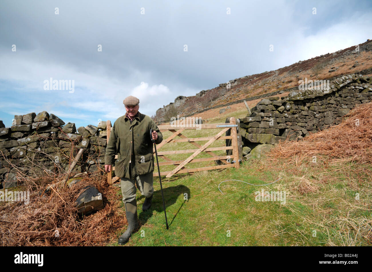 British Farmer walking in countryside Froggatt edge Peak District ...