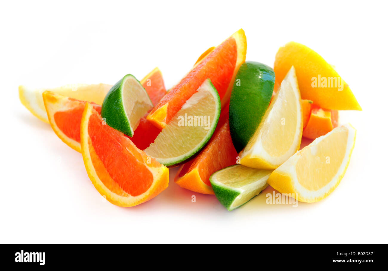 Wedges of assorted citrus fruits isolated on white background Stock ...