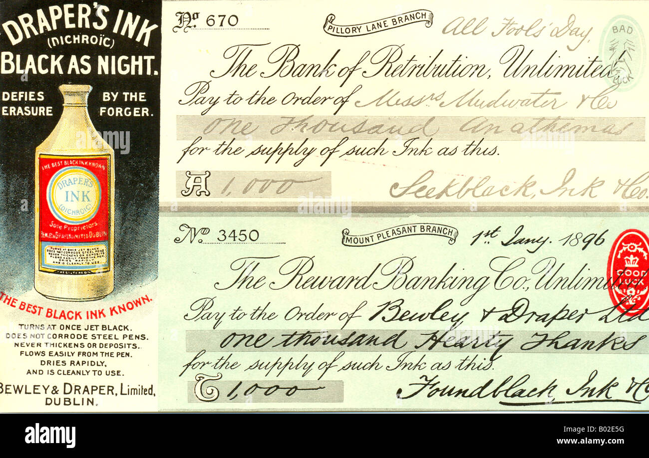 Victorian spoof cheque as advertisement for Draper's Ink 1896 Stock ...