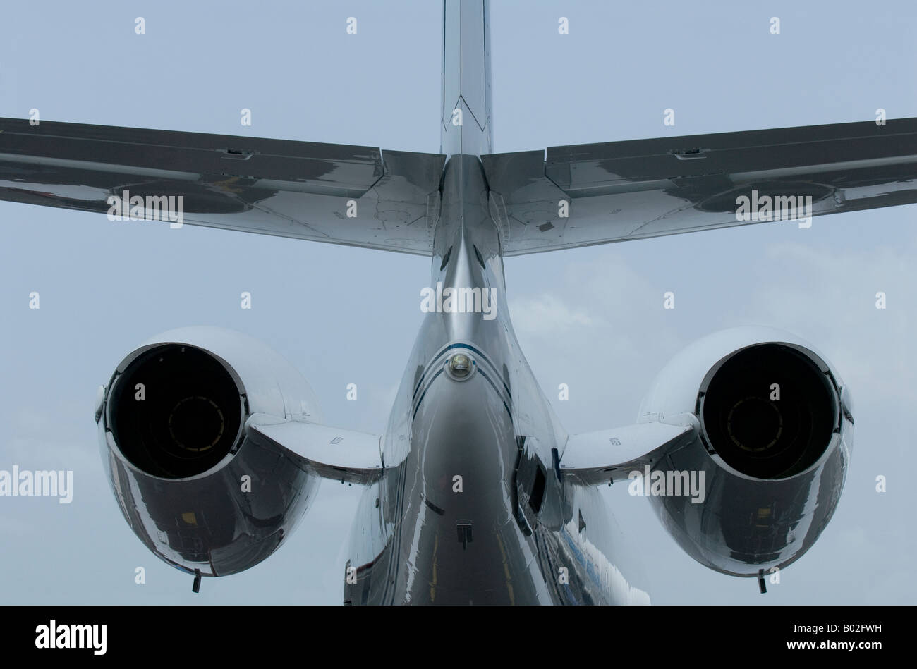 Tail and engines of two engined business jet Stock Photo - Alamy