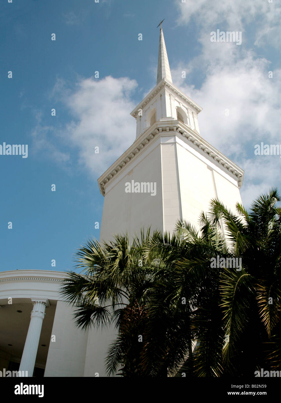 White church tower at downtown of the City of Orlando in South Florida ...