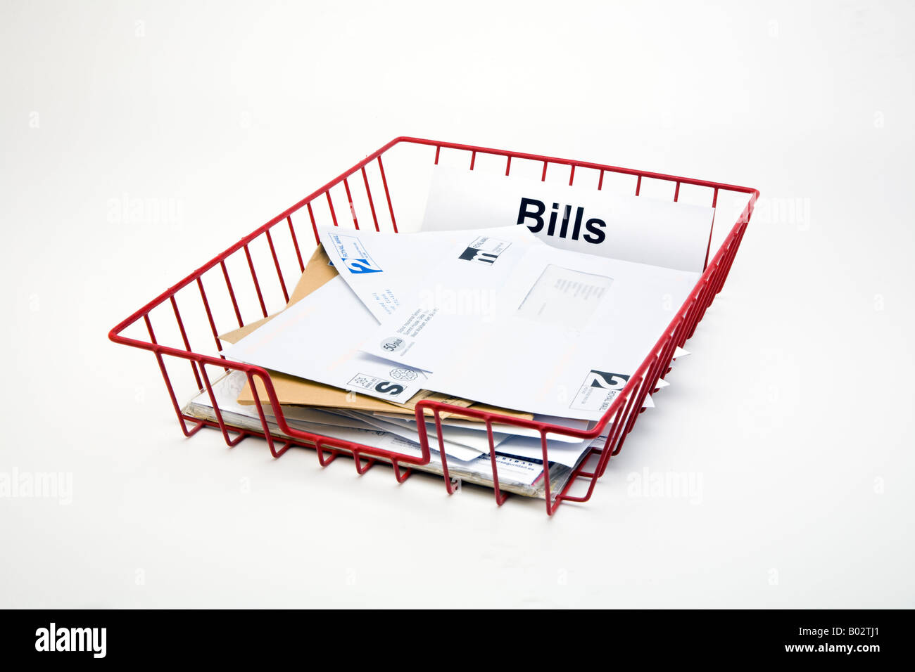 empty red wire mesh office post in tray for incoming bills and invoices ...