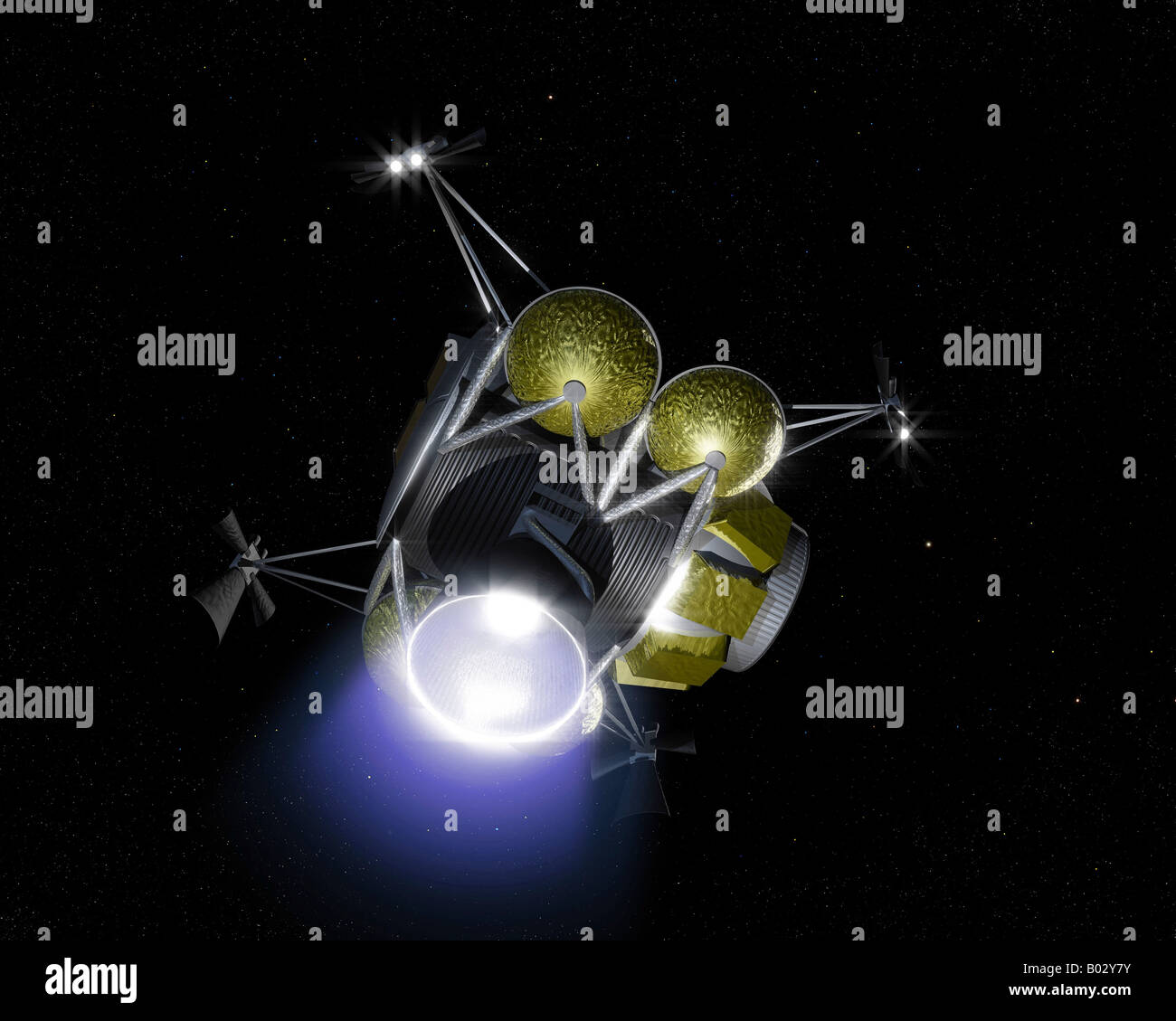 A concept of a lunar lander blasting off from the moon's surface Stock ...