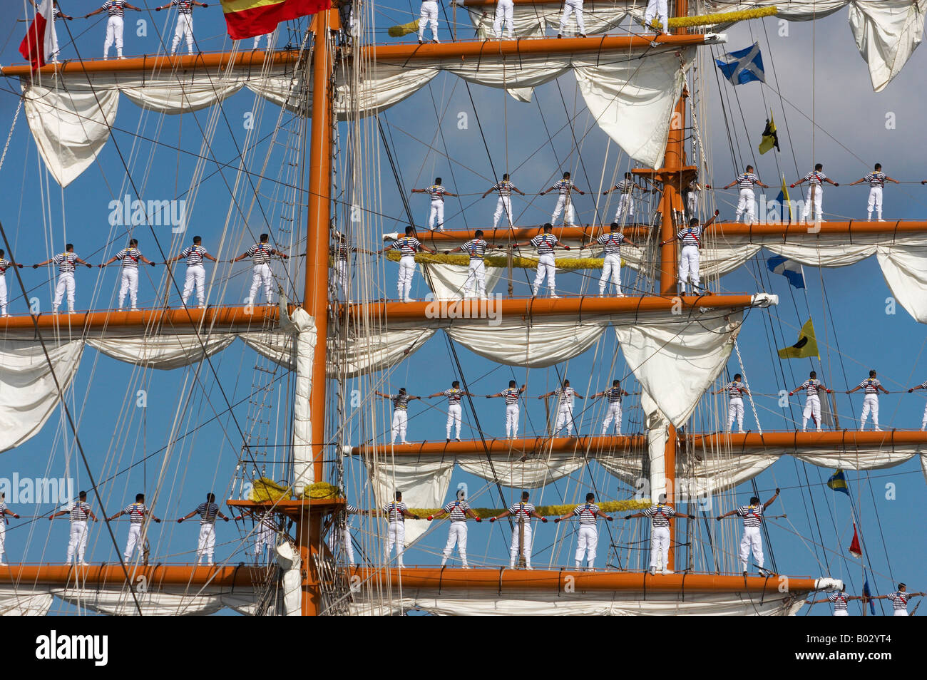 Crew Of Mexican Navy Training Ship Standing On The Yard Arms Stock ...