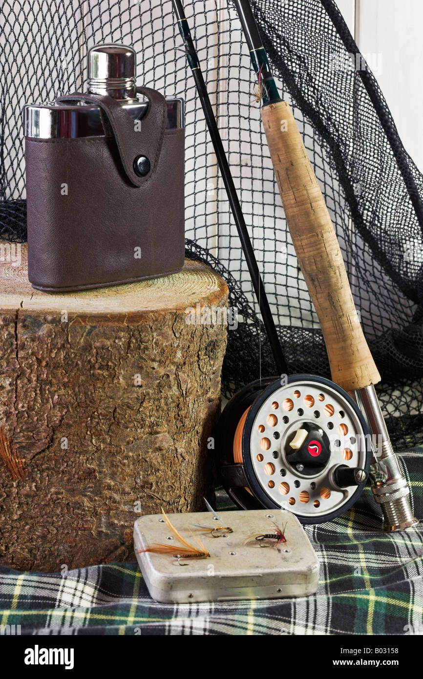 Still life arrangement of fly fishing tackle Stock Photo - Alamy