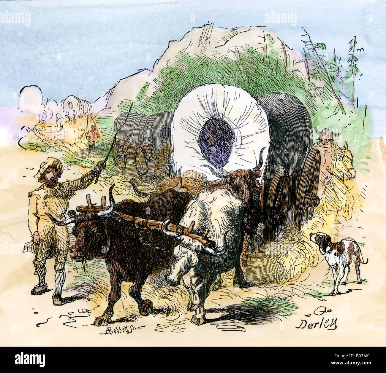 Pioneers emigrating to the Mississippi Valley early 1800s. Hand-colored ...