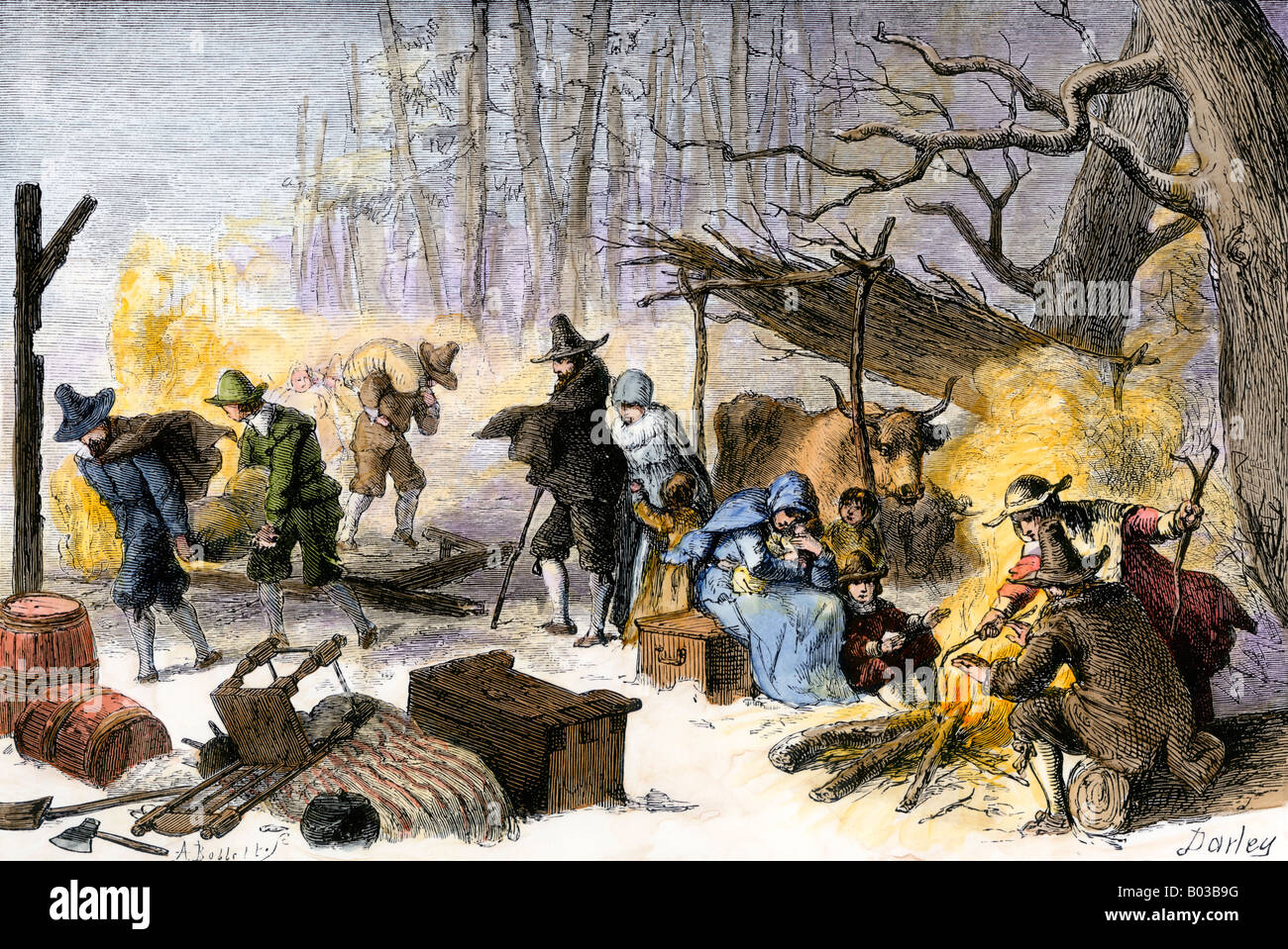 Puritan settlers arriving on the winter shores of Massachusetts Stock ...