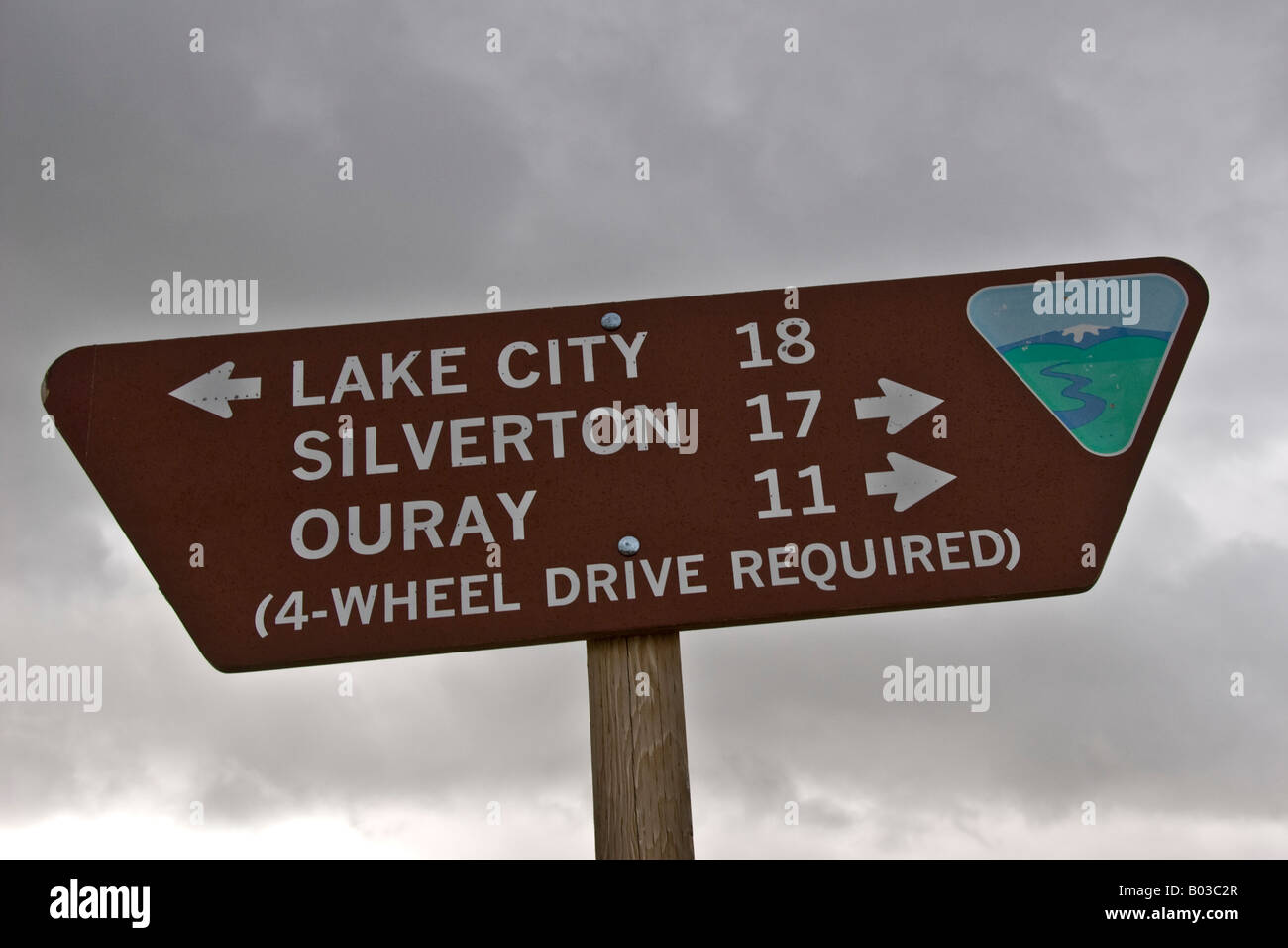Highway distance sign atop Engineer Pass, Alpine Loop Scenic Byway, San ...